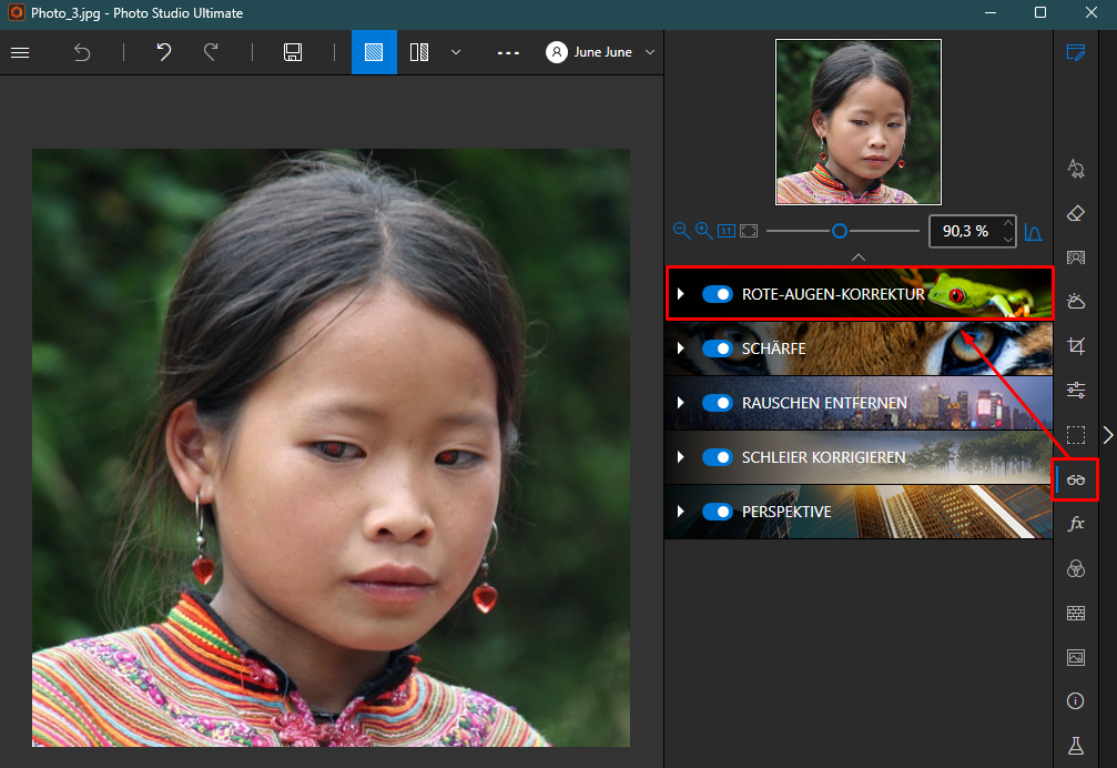 Wie benutzt man die Rote-Augen-Korrektur? – inPixio